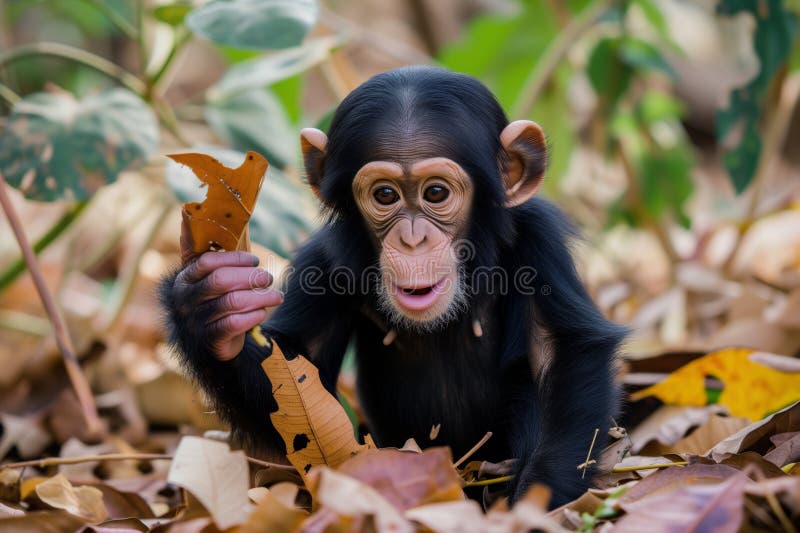 Baby Ape with Playful Expression Pulling Leaves Stock Image - Image of ...