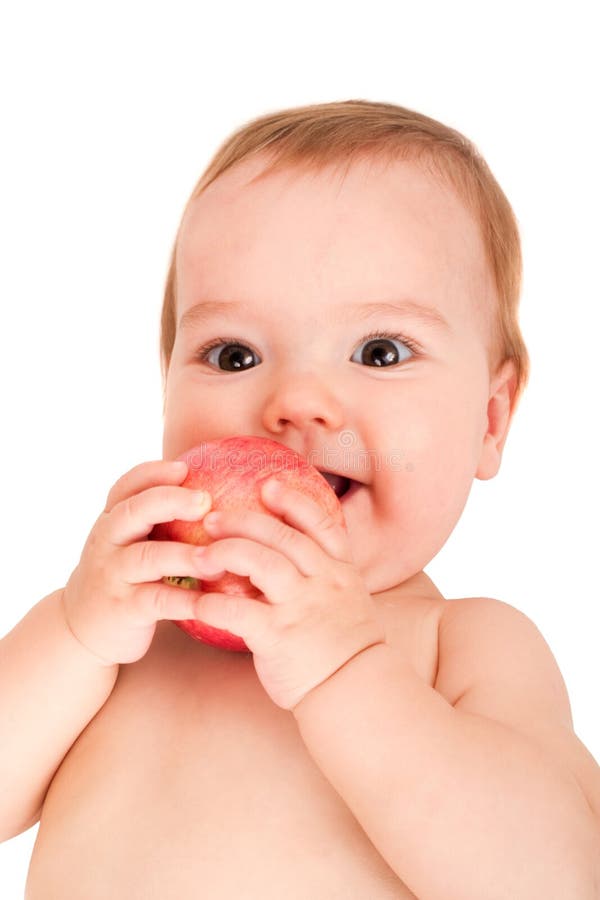 Baby with apple stock image. Image of face, cute, lying - 3240081