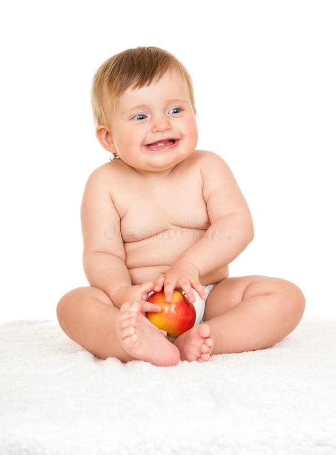 Baby with apple stock image. Image of child, infant, diapers - 50960617