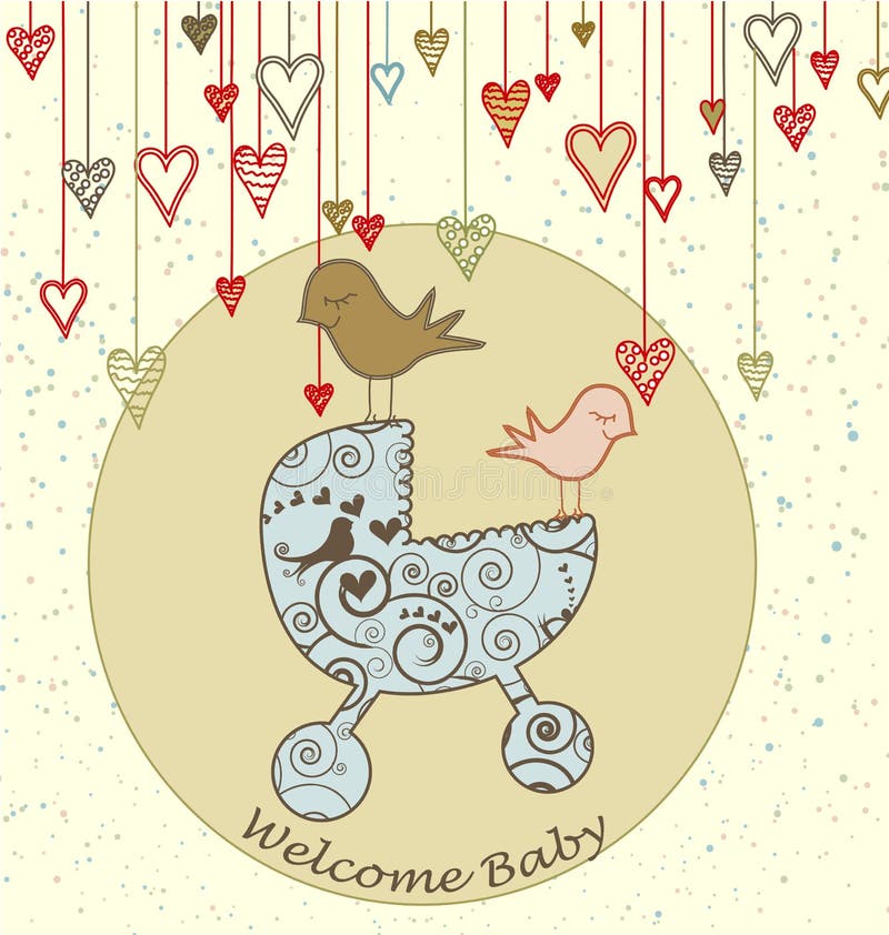 Baby Arrival Card with Birds and Stroller Stock Vector - Illustration ...