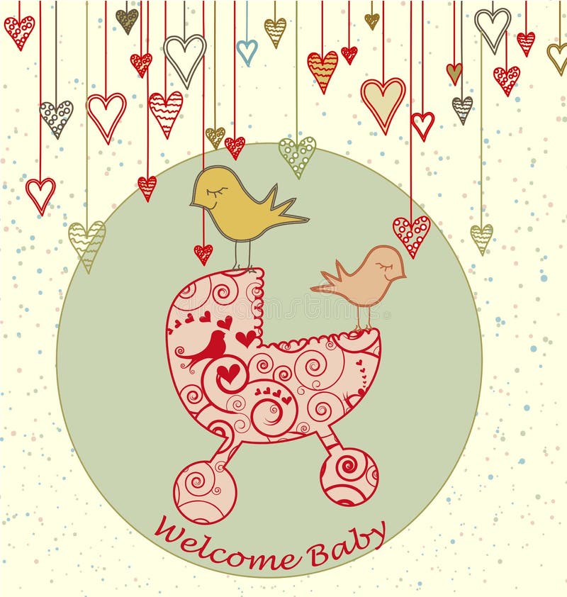 Baby Arrival Card with Birds and Stroller Stock Vector - Illustration ...