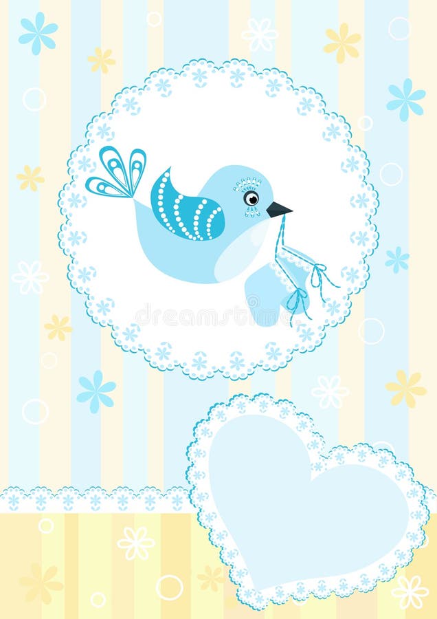 Baby Arrival Card. Blue Bird. Stock Vector - Illustration of ornate ...