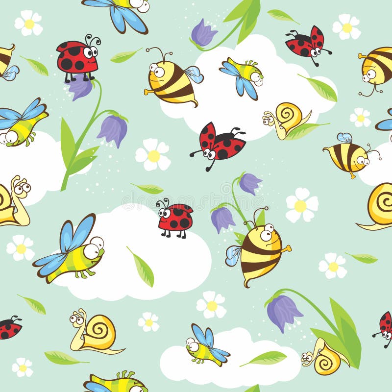 Vector Spring Funny Cartoon Insects Seamless Pattern Stock Vector ...