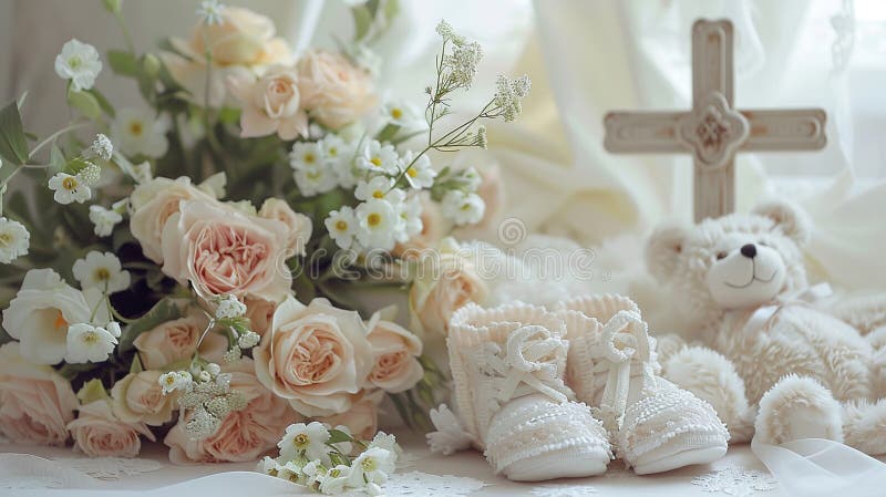 Baby Baptism Concept, Flowers Teddy Bear Baptism Stock Image - Image of ...
