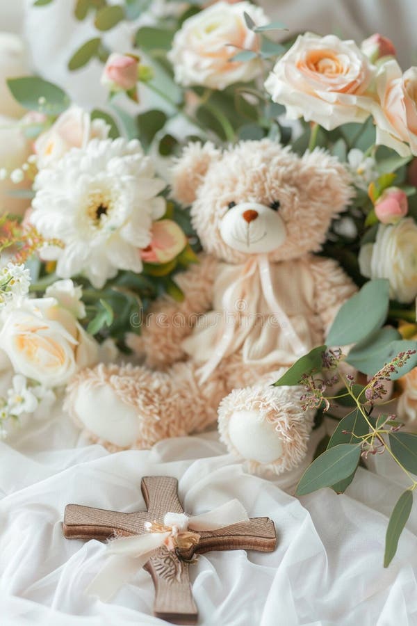 Baby Baptism Concept, Flowers Teddy Bear Baptism Stock Image - Image of ...