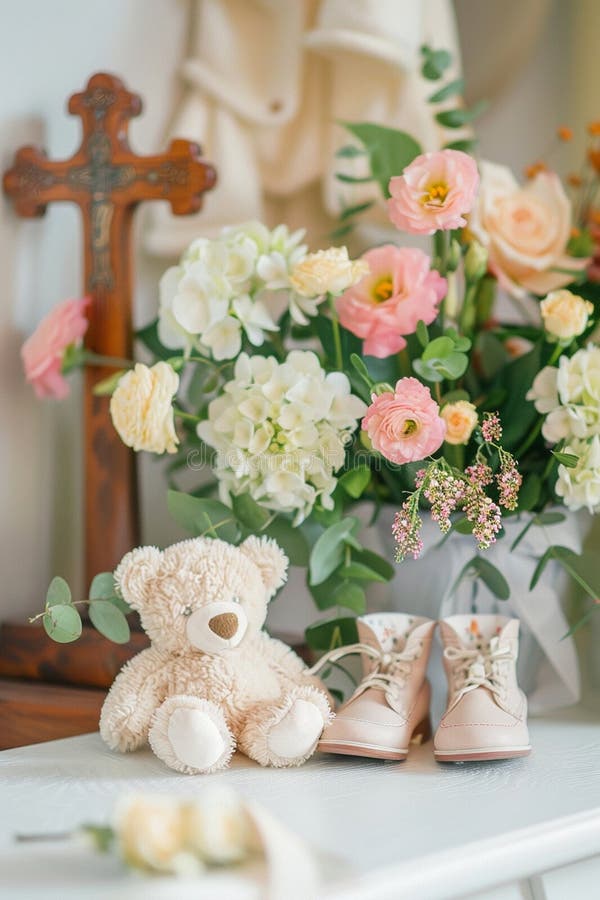 Baby Baptism Concept, Flowers Teddy Bear Baptism Stock Image - Image of ...