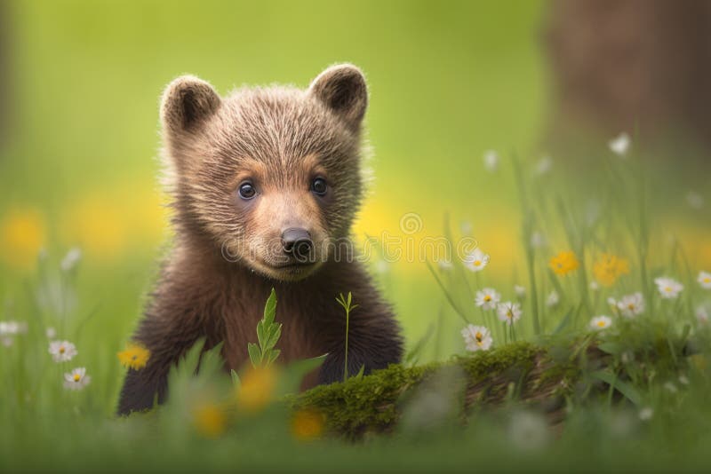 Baby Bear in Spring Green Grass with Flowers. Generative AI Stock ...