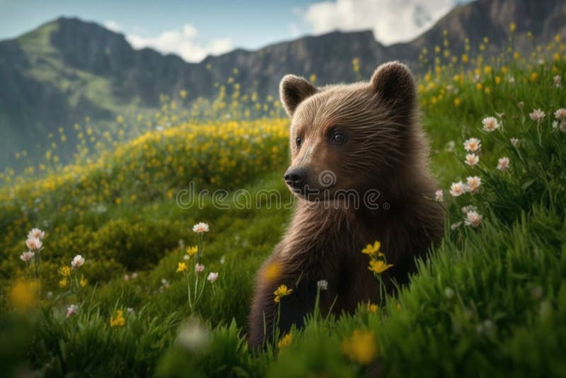 Baby Bear in Spring Green Grass with Flowers. Generative AI Stock ...