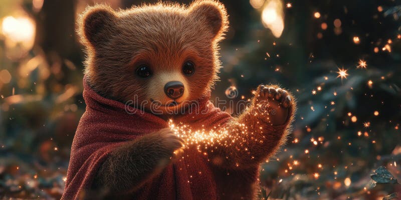 A Baby Bear Wearing a Tiny Wizard Cape Playing in the Forest for ...