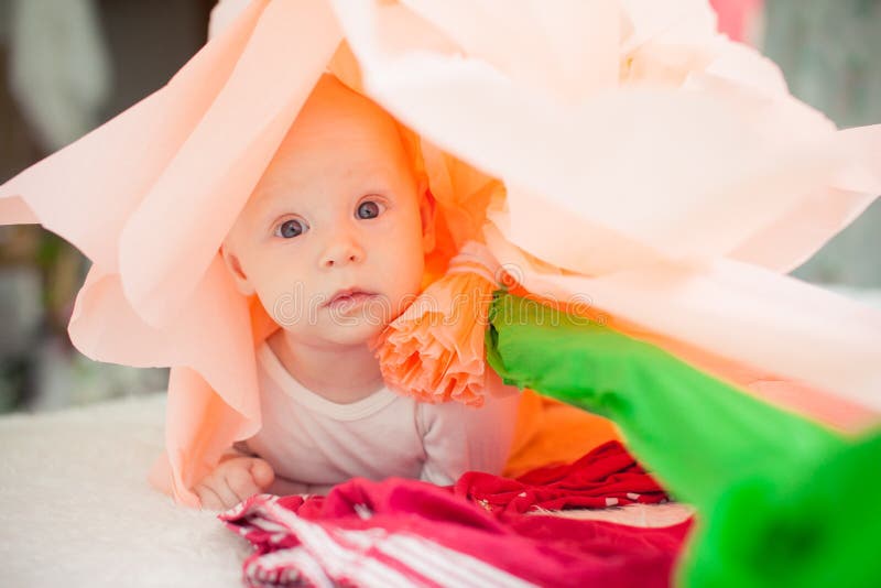 Baby on the Bed in a Paper Flower Stock Photo - Image of cute, emotion ...