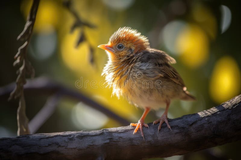 Baby Bird Perched on Tree Branch, Its Orange Feathers Shining in the ...