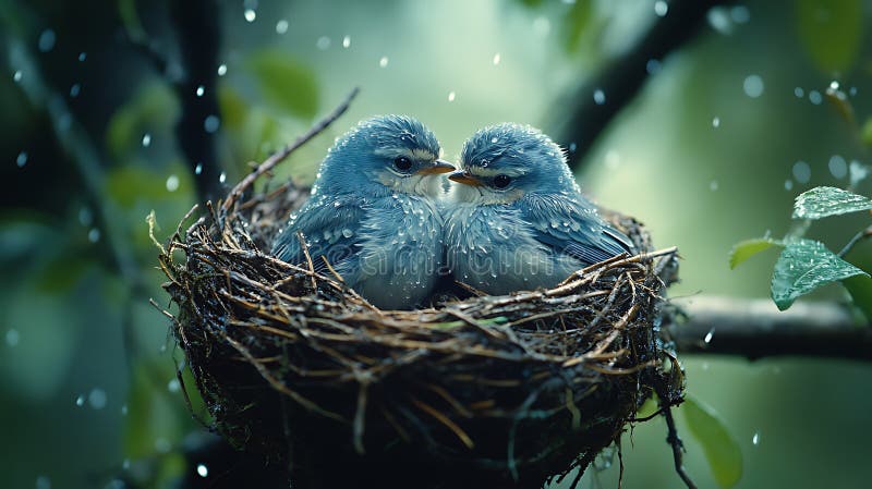Baby Birds Cuddling in Rain-soaked Nest, Spring Stock Illustration ...