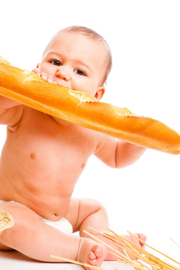 Baby biting bread stock image. Image of caucasian, long - 12357487