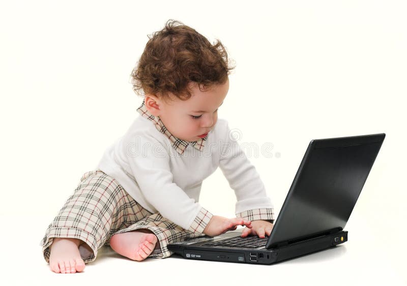 Baby with black laptop stock image. Image of business - 4930379