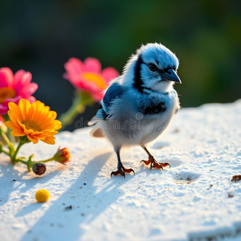 A Baby Blue Jay with Soft Blue and White Feathers Standing on a White ...