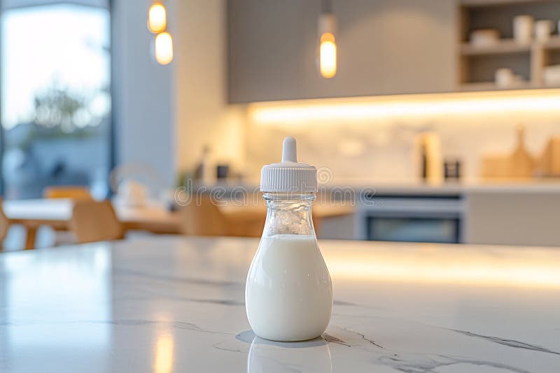 Baby Bottle Filled with Milk on the Table in Modern Kitchen Stock ...