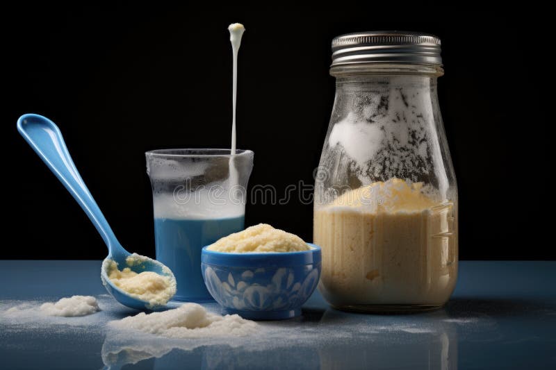 Baby Bottle with Water, Formula Powder, and a Scoop Stock Illustration ...