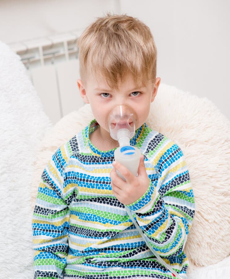 Boy with Asthma Problems Making Inhalation with Mask on Her Face Stock ...