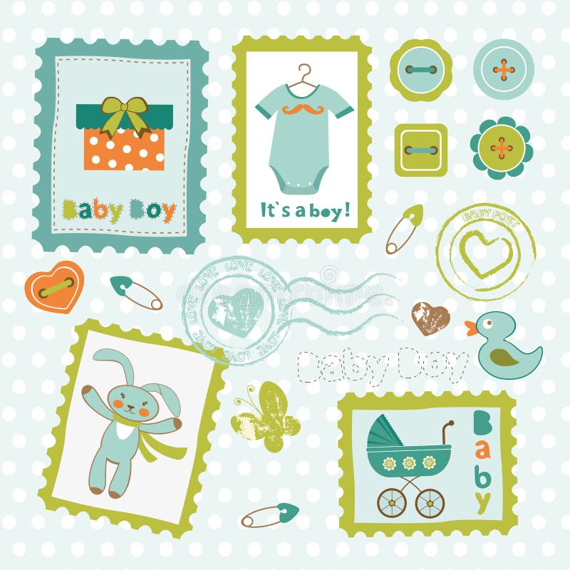 Baby Boy Card Stamps Cute Collection Stock Vector - Illustration of ...