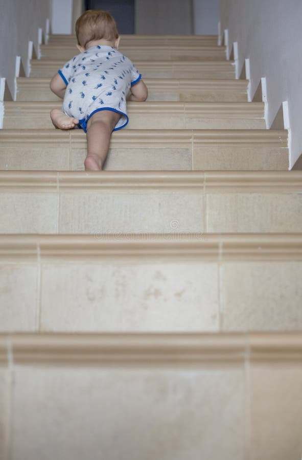 Baby Boy Crawling Up the Stairs Stock Photo - Image of angle, people ...