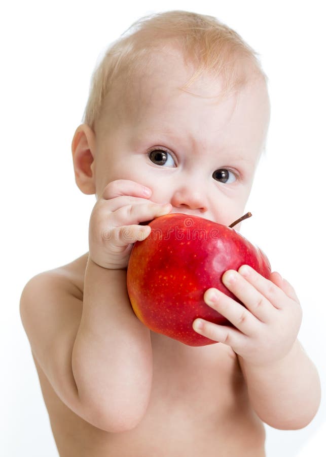 Baby Boy Eating Apple, Isolated on White Stock Image - Image of ...