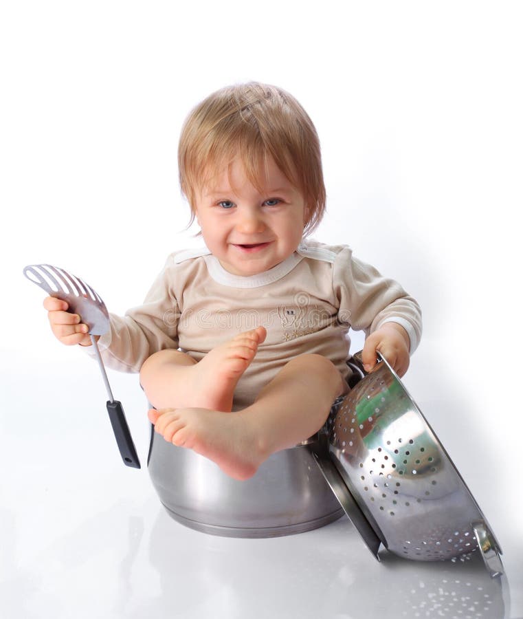 Baby Boy in the Kitchen Pan Stock Photo - Image of objects, babies ...