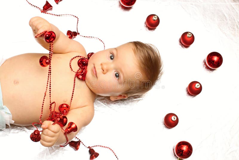 Baby Boy Playing with Christmas Bells and Balls Stock Photo - Image of ...