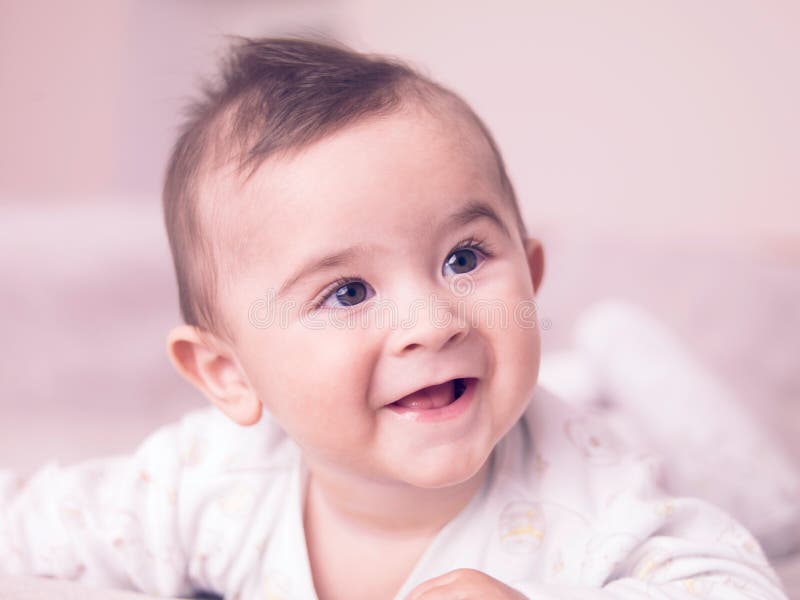 Giggling Baby Up on Knees of Adult Stock Image - Image of laughing ...