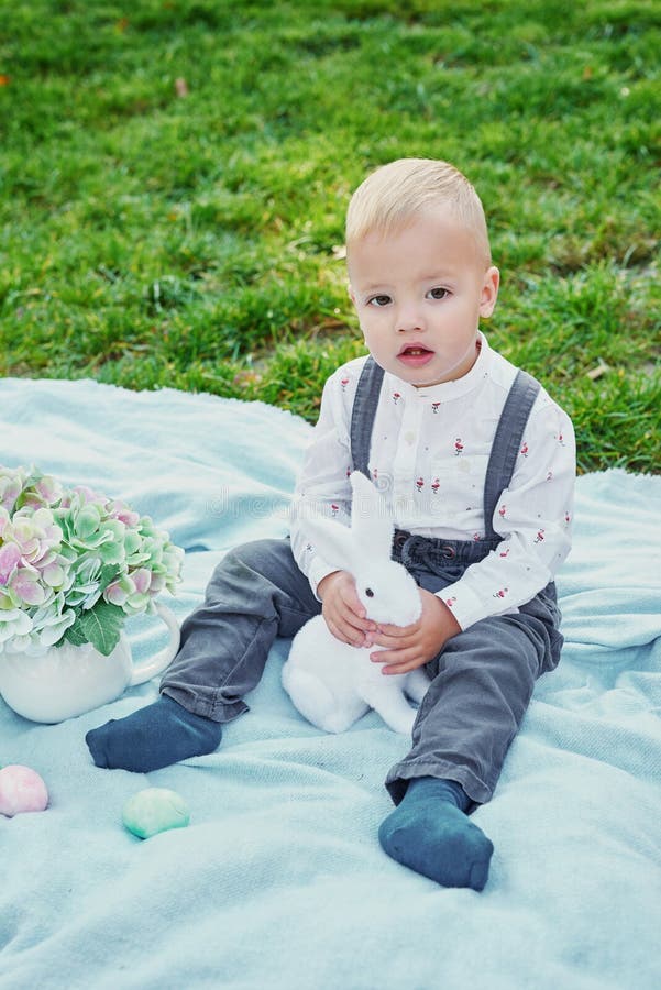 Baby Boy with Rabbit and Eggs Stock Photo - Image of child, celebration ...