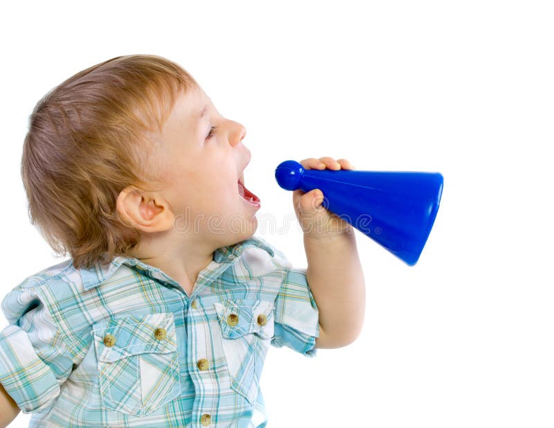 Baby Boy Shouting through a Toy Stock Photo - Image of short, noisy ...