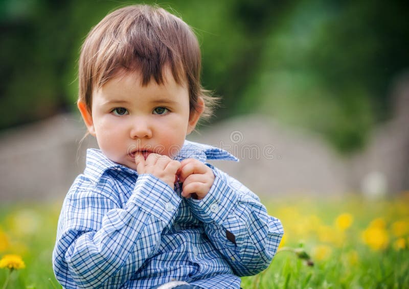 Baby Boy Sitting on the Grass in Field Stock Image - Image of happy ...
