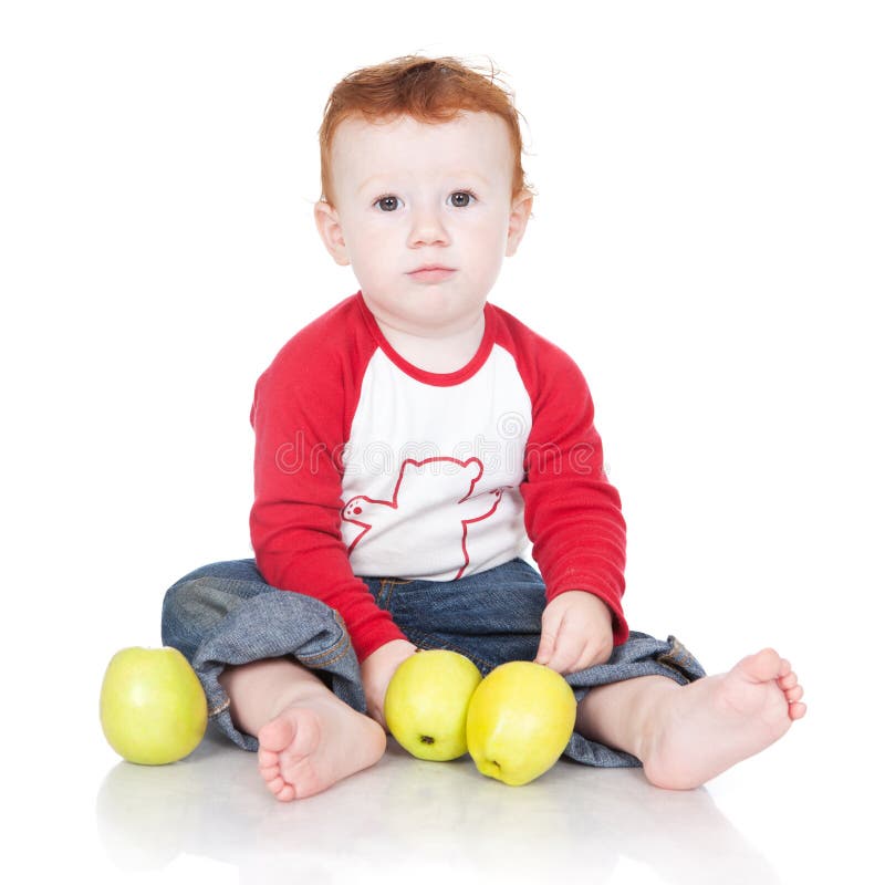 Baby Boy Sitting with Green Apples Stock Photo - Image of childhood ...