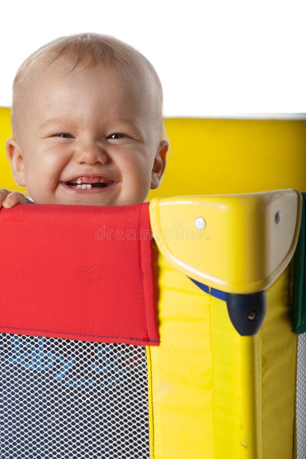 Baby Boy in Travelling Cot stock photo. Image of face - 15412890