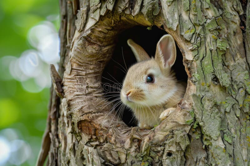 Cute Baby Bunny Rabbit Relaxing in a Tree Hole Stock Image - Image of ...