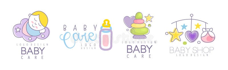 Baby Care Logo Design with Cute Element Vector Set Stock Vector ...