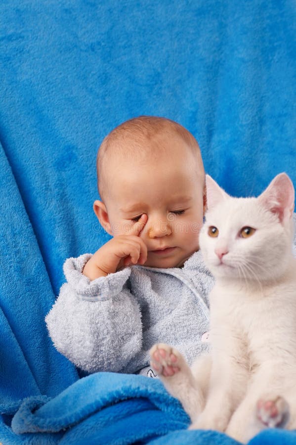 Baby with cat stock image. Image of child, blanket, care - 3999987