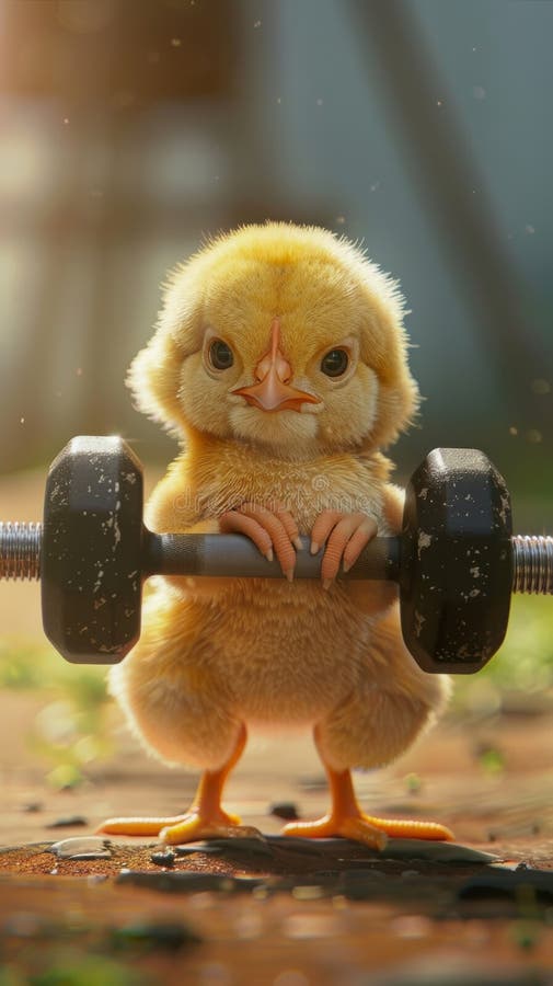 Baby Chick Lifting a Dumbbell in Sunlight, Determination Concept Stock ...