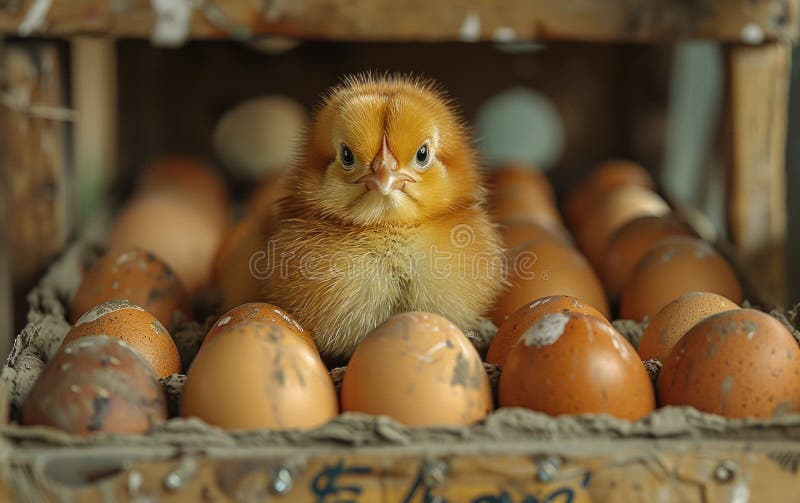 Baby Chick Sits in Box of Eggs Stock Photo - Image of young, eggshell ...
