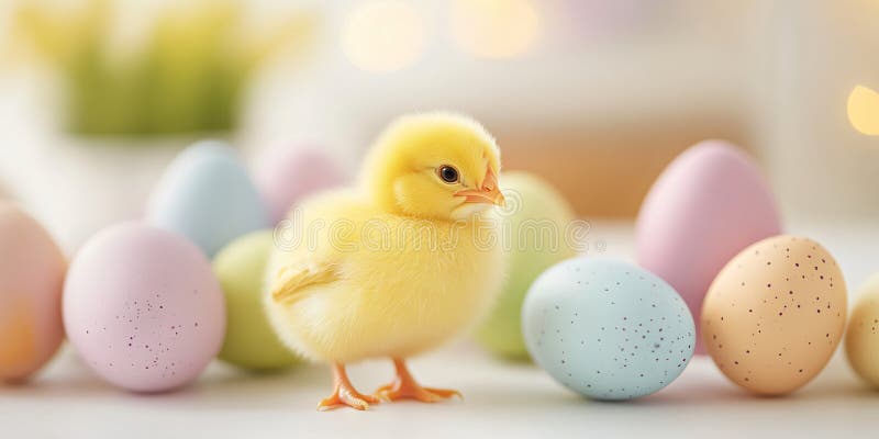 A Baby Chick is Standing in Front of a Bunch of Easter Eggs Stock ...