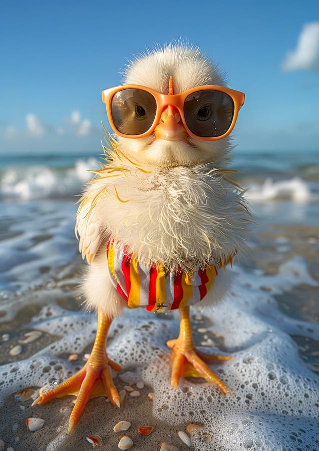 Baby Chick is Wearing Sunglasses and Bathing Suit at the Beach. Stock ...