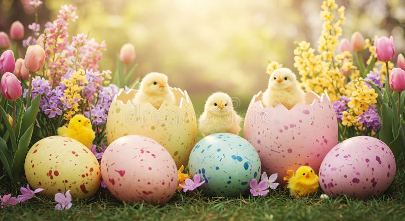Baby Chicks and Decorative Eggs in a Spring Garden Setting Stock ...