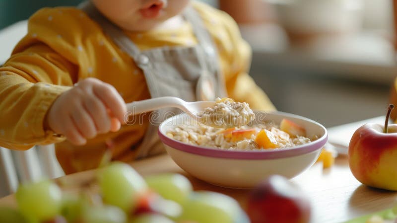 Baby Child is Using a Spoon To Scoop Up Oatmeal and Fruit in First Time ...