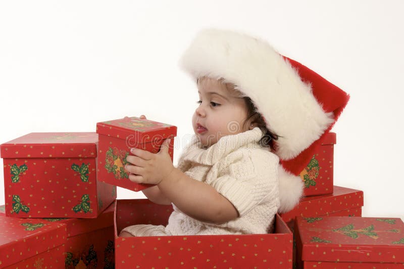 Baby in Christmas Box with Santa Hat Stock Photo - Image of gifts ...