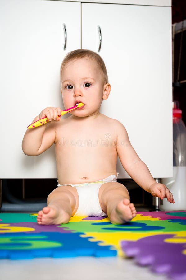 Baby Cleaning Teeth in Bathroom Stock Photo - Image of health, happy ...
