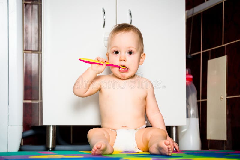 Baby Cleaning Teeth in Bathroom Stock Photo - Image of teeth, washing ...