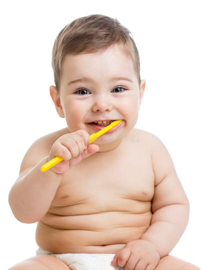 Baby Cleaning Teeth And Smiling, Isolated On White Stock Photo - Image ...