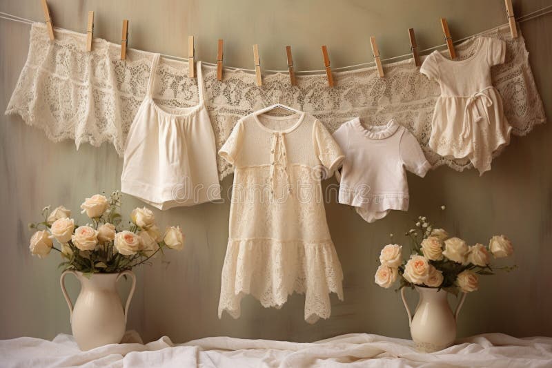 Baby Clothes Drying on a Delicate Lace Line Stock Illustration ...