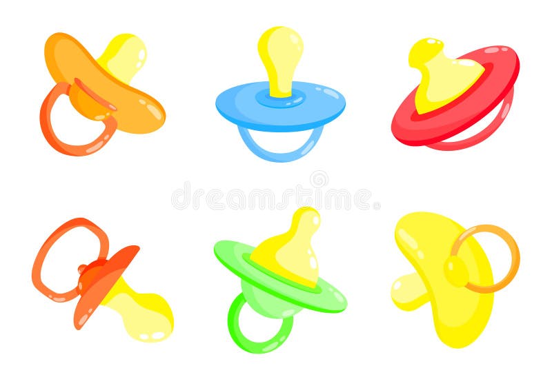 Baby Colourful Pacifiers Set of Vector Illustrations. Dummy, Soother ...