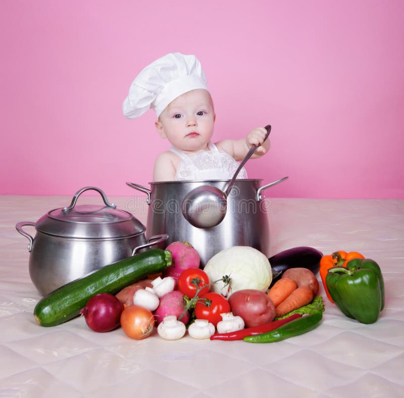 Baby Chef with Healthy Food Vegetables and Pan Stock Image - Image of ...