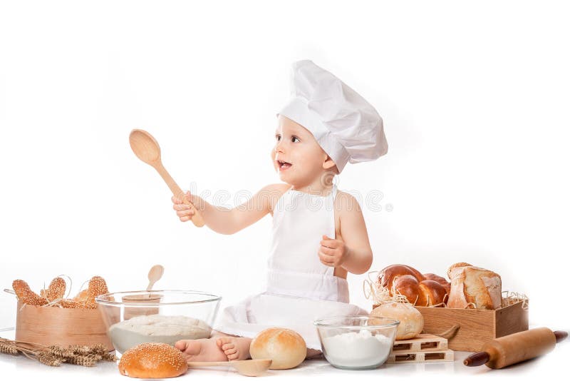 Baby Cook Sits on the Table Bread Bread Flour Stock Image - Image of ...